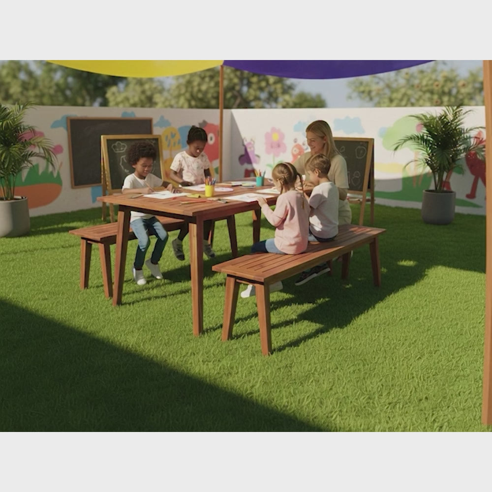 Outdoor Acacia Wood Table & Bench Set | Raintree Garden Furniture LLC